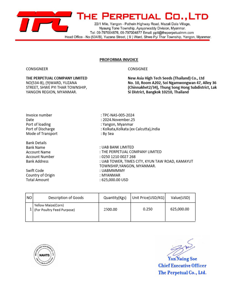 Proforma Invoice for Yellow Maize Shipment | PDF