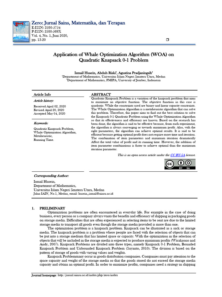 Application Of Whale Optimization Algorithm Woa On Pdf Mathematical