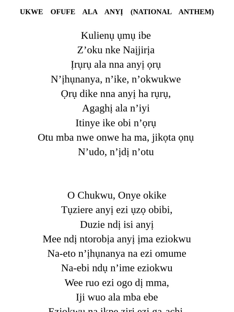 Ukwe Ofufe Ala Anyị (National Anthem) | PDF