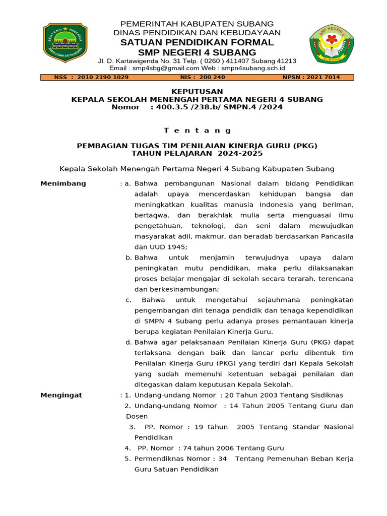 SK TIM PKG Tahun Pelajaran 2024-2025 | PDF