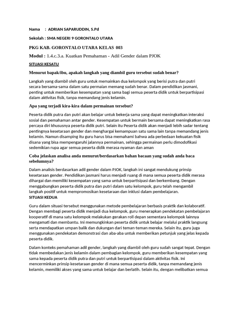 1.4.c.3.a. Kuatkan Pemahaman - Adil Gender Dalam PJOK | PDF