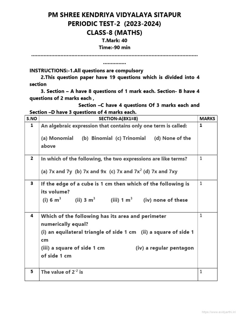 Cbse Class 8 Maths Periodic Test Paper II 2023 24 | PDF | Area ...