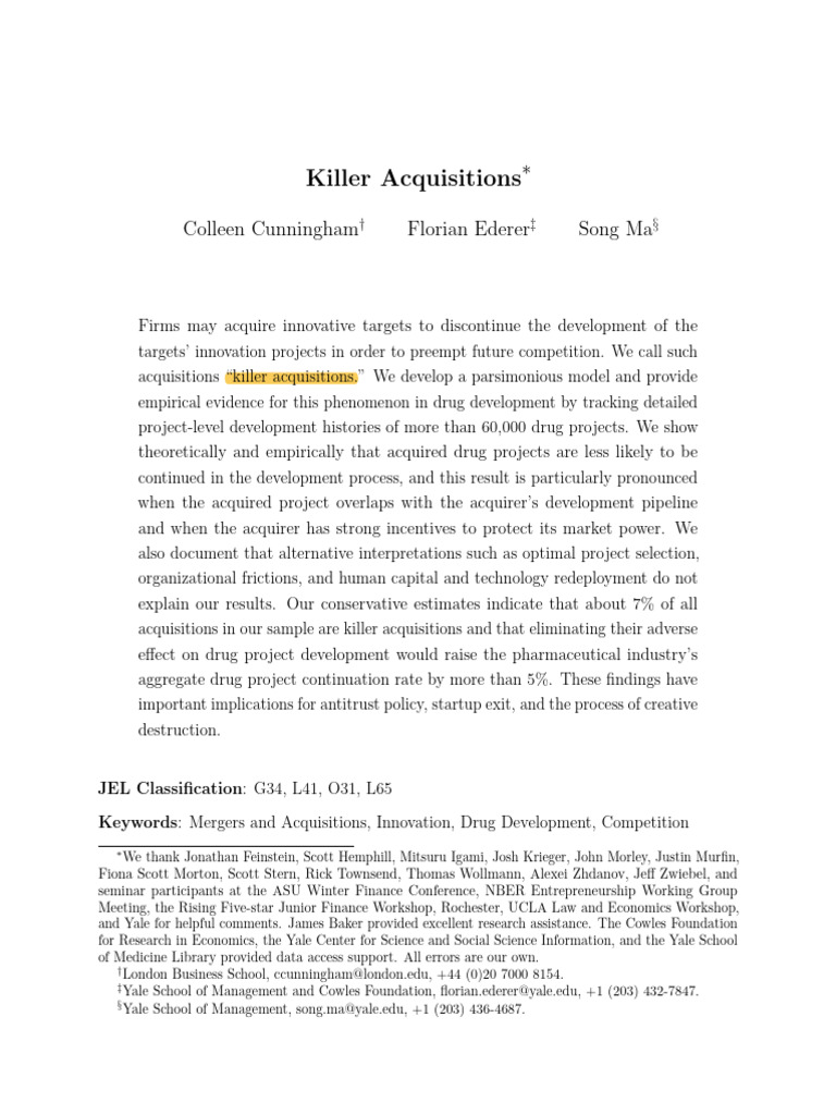 Killer Acquisitions | PDF | Mergers And Acquisitions | Business Economics