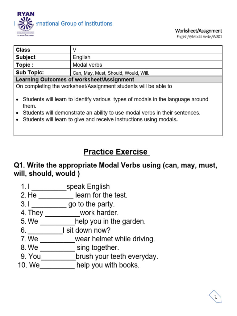 Modal Verbs Worksheet for Class V | PDF