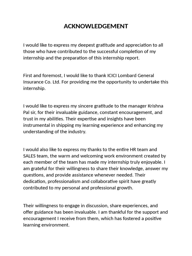 ICICI Lombard Internship Acknowledgement | PDF