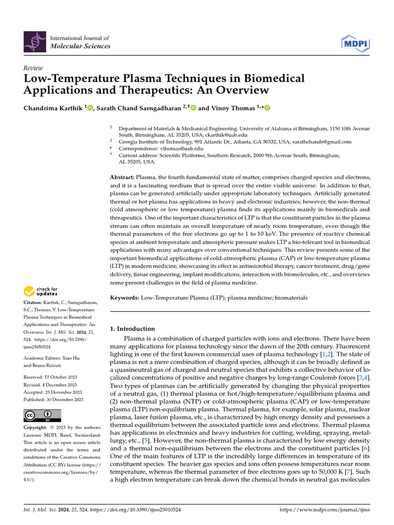 Low-Temperature Plasma Techniques in Biomedical Ap | PDF | Biofilm | Plasma (Physics)