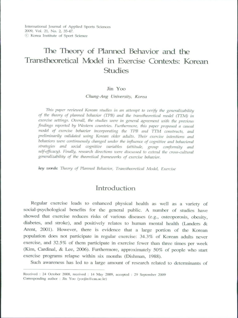 Theory of Planned Behavior and Transtheoretical Model in Exercise ...