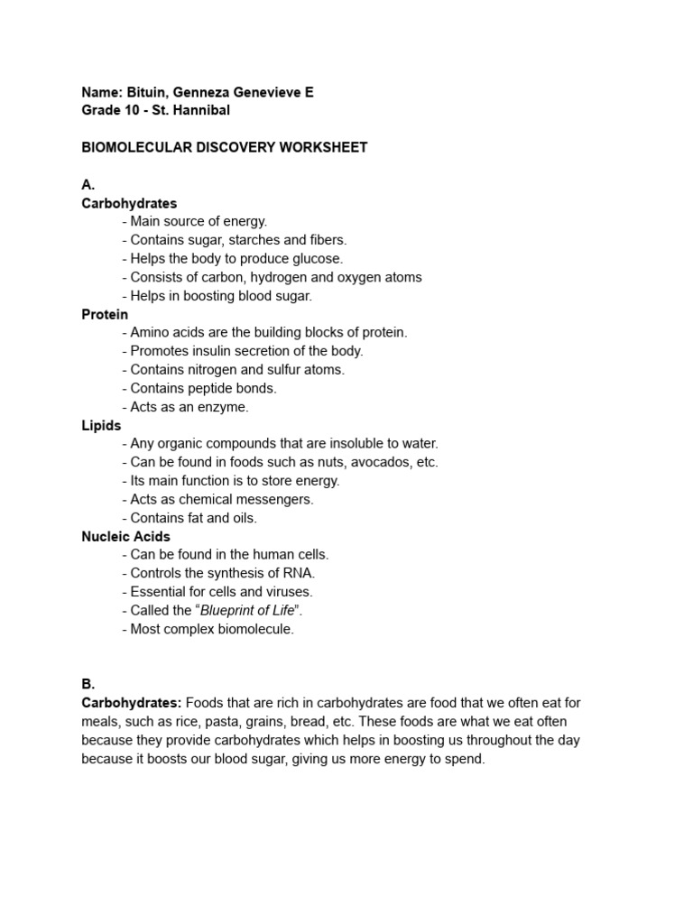 Biomolecular Discovery Worksheet | PDF | Carbohydrates | Biomolecules