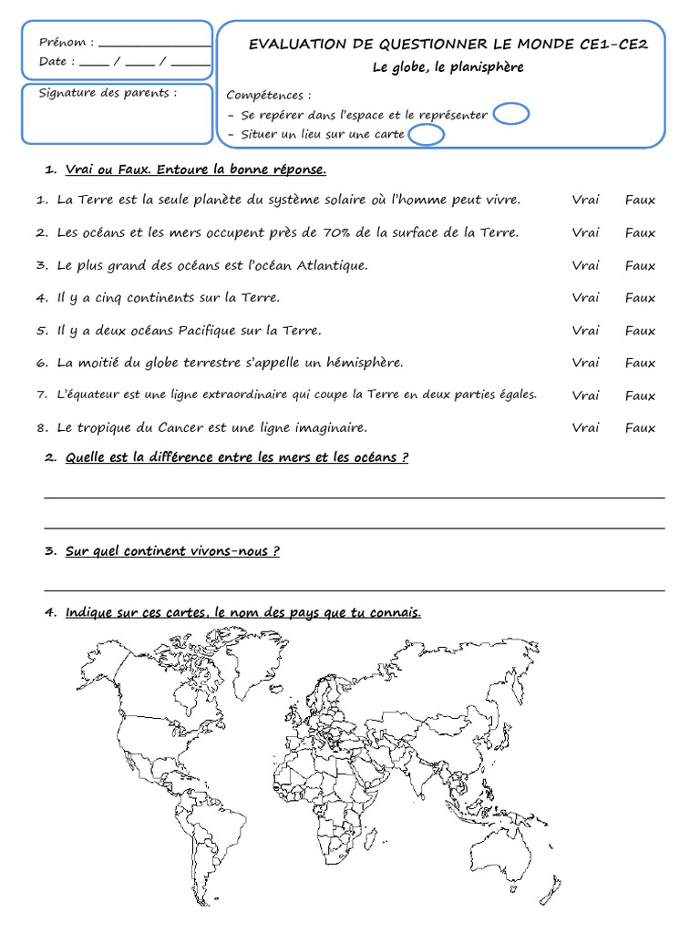 Évaluation QLM Espace 3 CE1-CE2 | PDF | Terre | Sciences de la terre