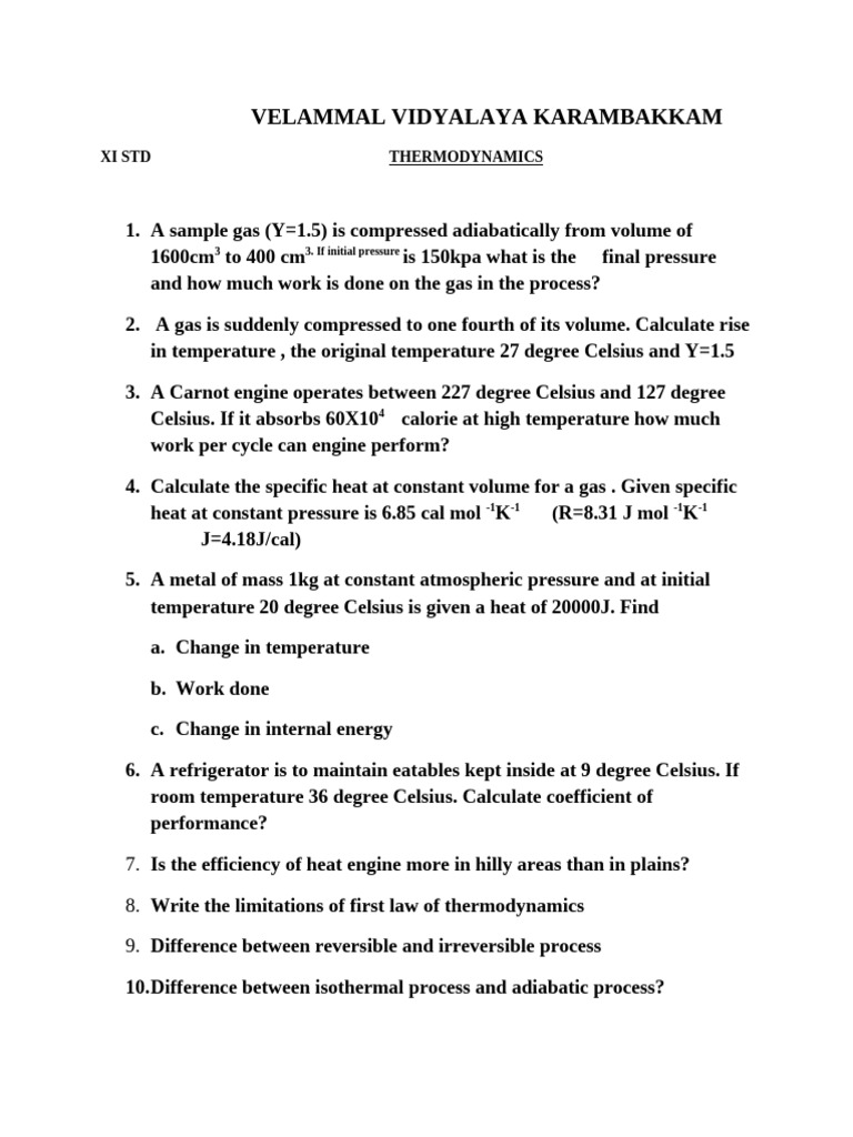 Thermodynamics Worksheet | PDF
