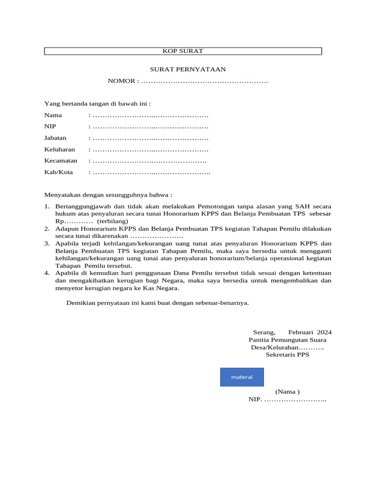 FORMAT SURAT PERNYATAAN PPS Dan KPPS | PDF
