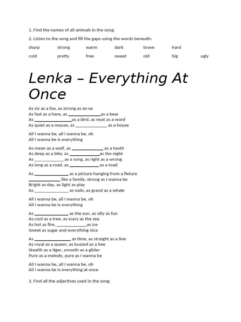 Animal Adjectives in Lenka's Song | PDF
