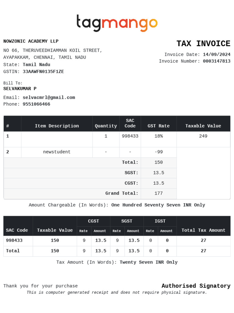 Tax Invoice for Selvakumar P | PDF