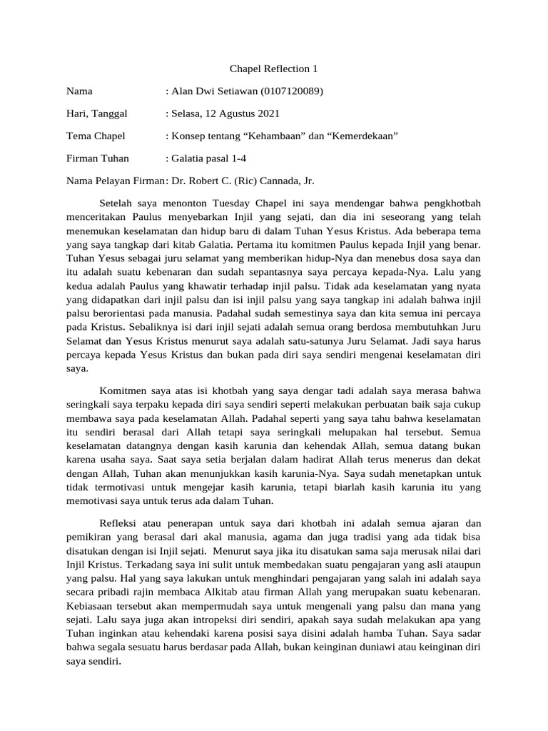 Alan Dwi Setiawan - 01071200089 - Chapel Reflection 1 | PDF