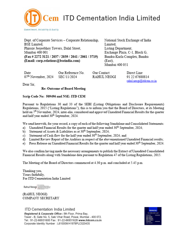 ITD Cementation India Limited | PDF | Audit | Accounting