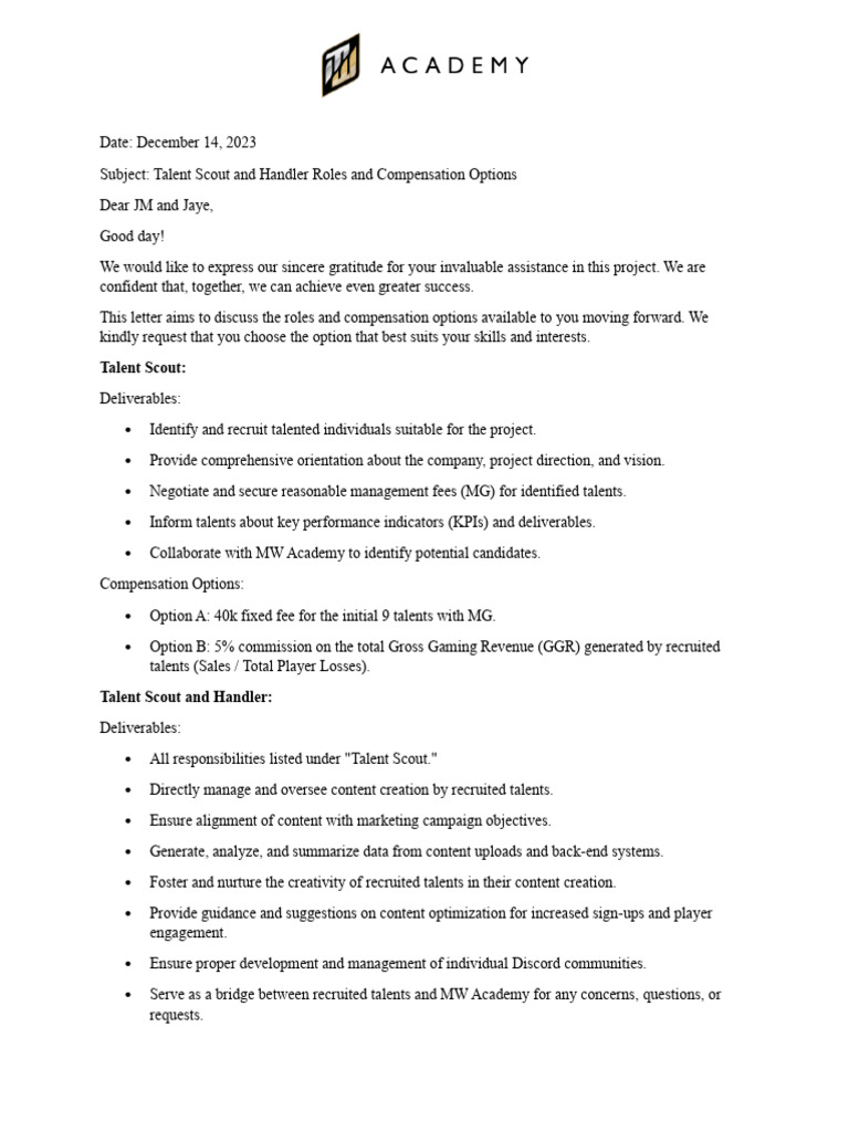 Roles and Responsibilities Letter | PDF | Business