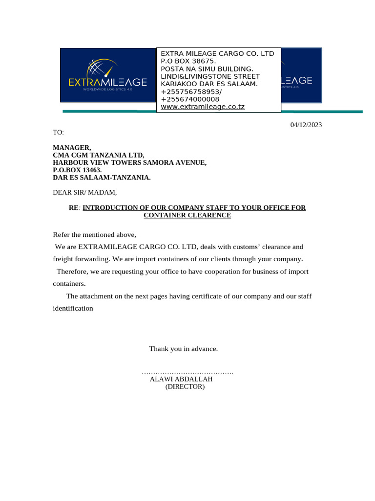 Introduction Letter for Container Clearance | PDF