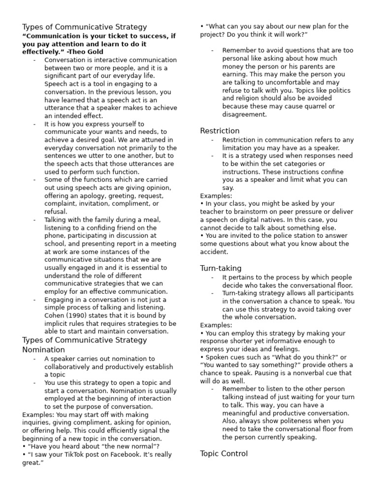 Types of Communicative Strategy | PDF | Conversation | Cognition