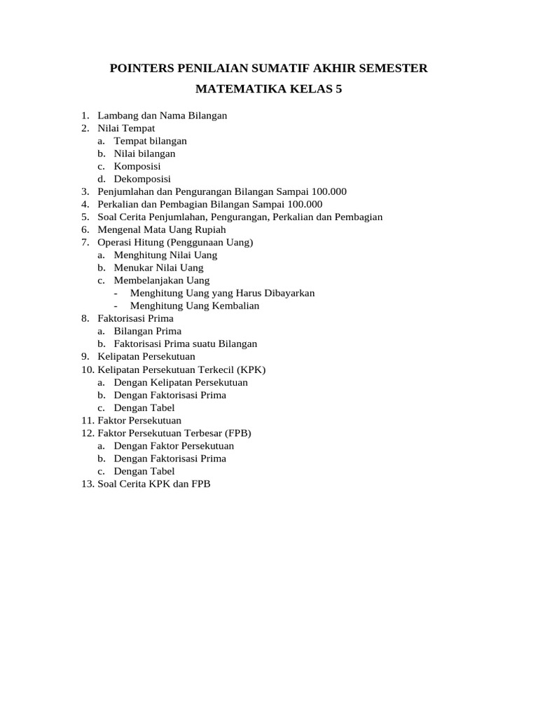 Pointers Penilaian Sumatif Akhir Semester 1 Matematika Kelas 5 | PDF