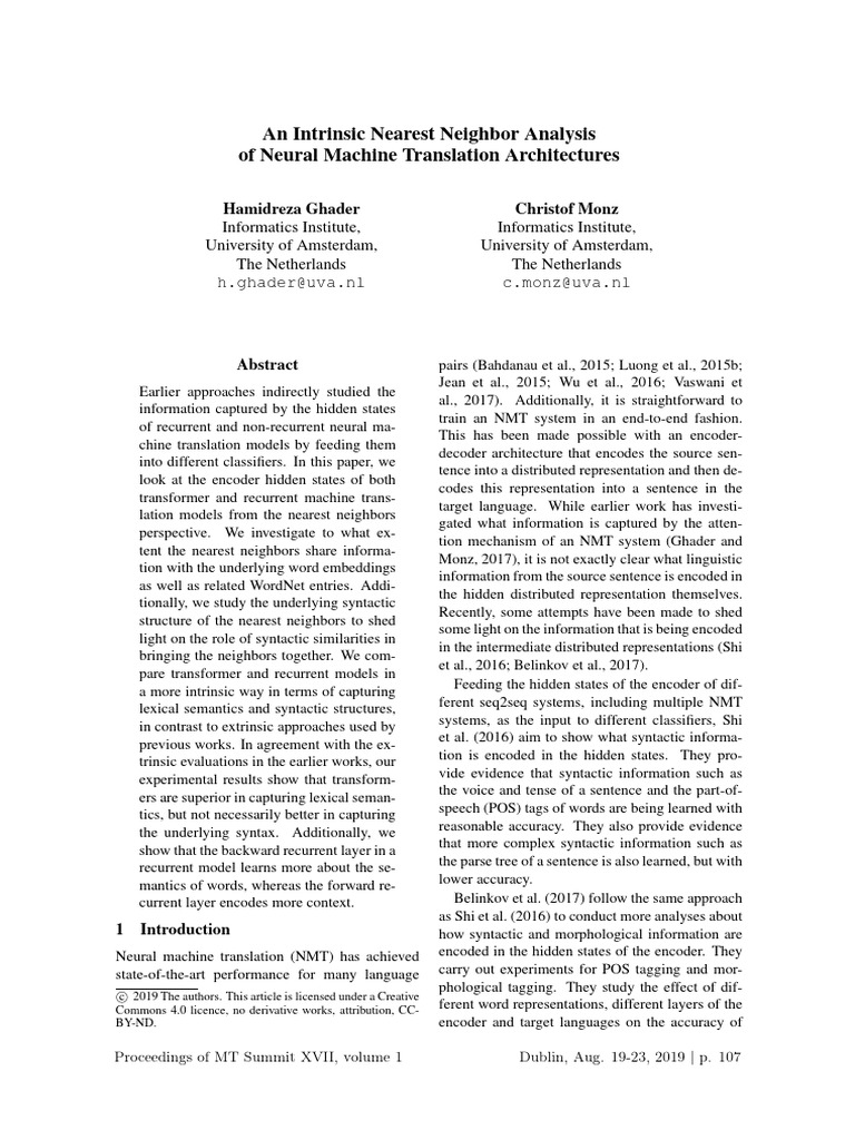 An Intrinsic Nearest Neighbor Analysis of Neural Machine Translation Architectures | PDF ...