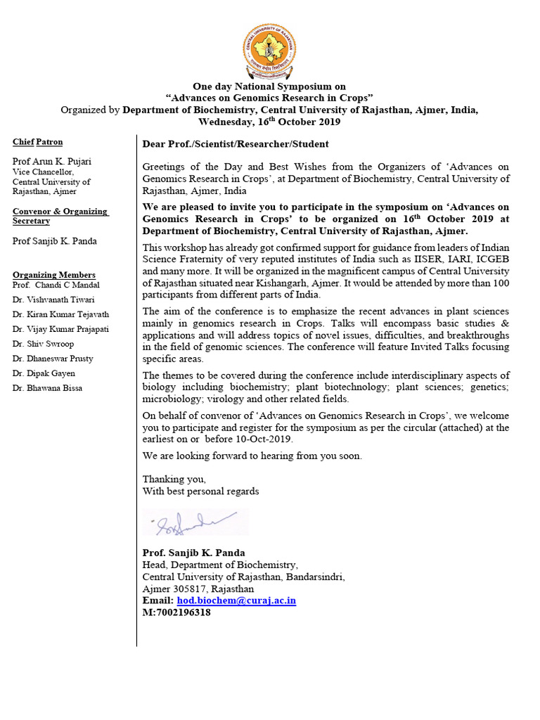 Invitation Letter For Symposium at CURAJ-16.10.2019 | PDF | Genetics ...