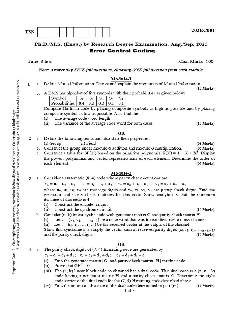 Error Control Coding Sep 2023 To Jan 2018 | PDF | Encodings | Mathematics