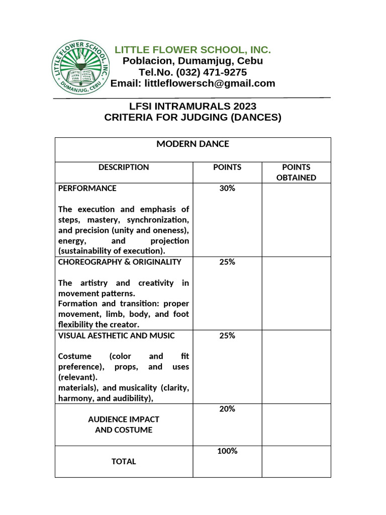 CRITERIA FOR JUDGING Final | PDF | Dances | Choreography