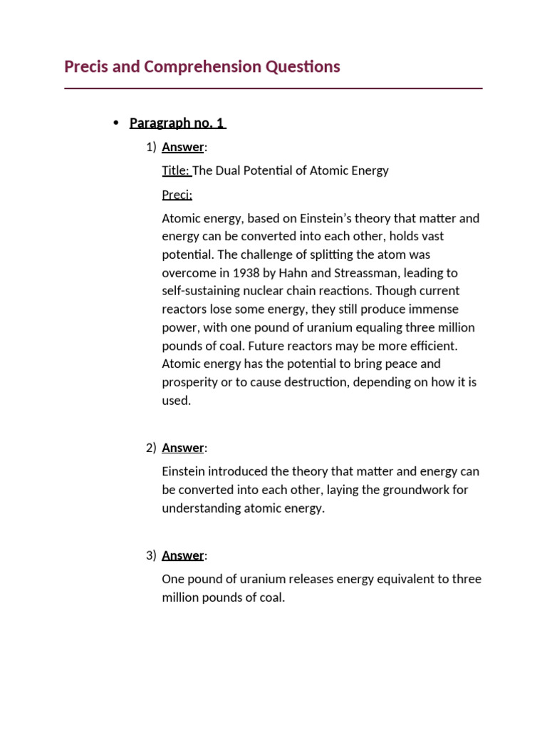 Comprehension Paragraph | PDF | Nuclear Power | Nuclear Reactor