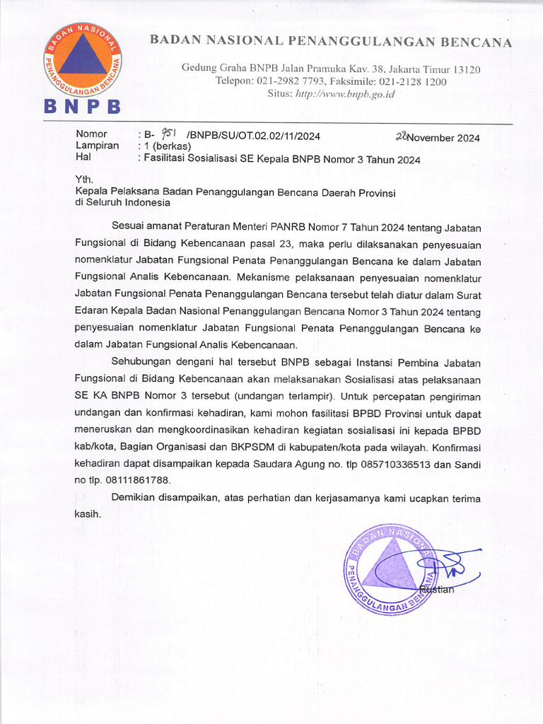 Permohonan Dukungan Fasilitasi Sosialisasi SE BNPB No 3 Tahun 2024 | PDF