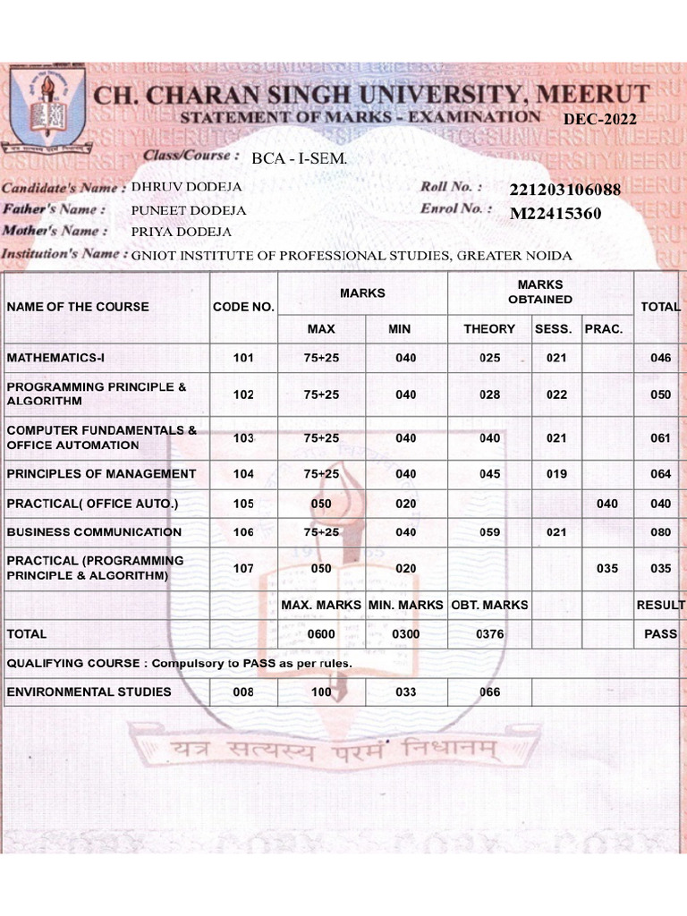 BCA Marksheets | PDF
