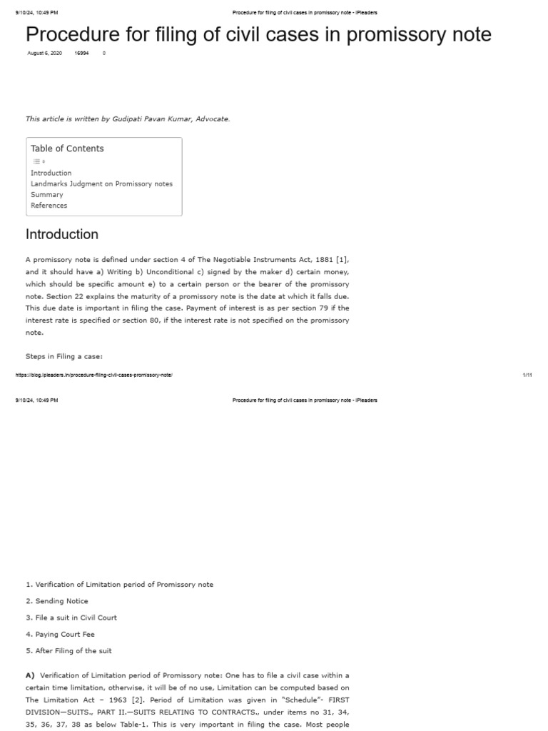 Procedure For Filing of Civil Cases in Promissory Note - Ipleaders ...