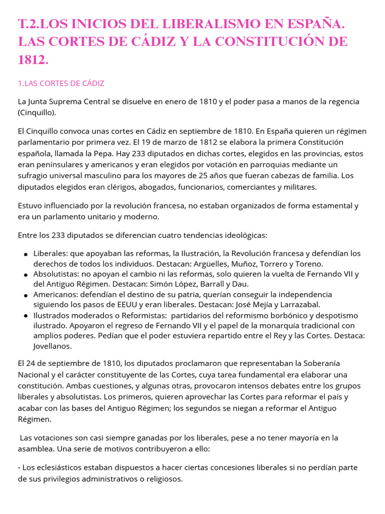T.2.los Inicios Del Liberalismo en España. Las Cortes de Cádiz y La ...