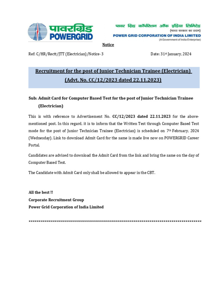 Notice 3 Dated 31012024 Admit Card | PDF