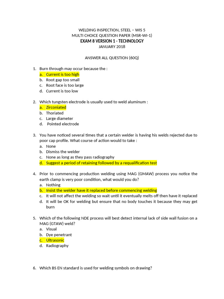 Welding Inspection Exam Questions 2018 | PDF | Welding | Construction