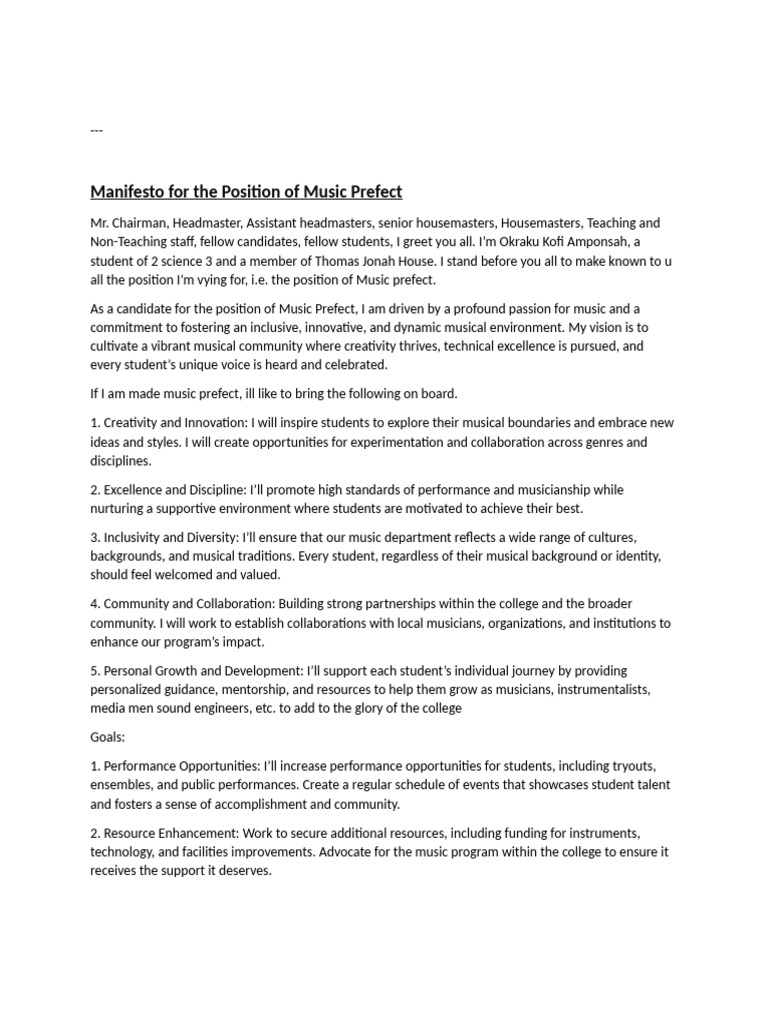 Music Prefect Manifesto: Vision & Goals | PDF | Creativity | Cognition