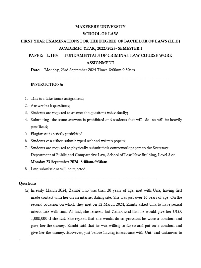 Fundamentals of Criminal Law Coursework Assignment Sept 2024 | PDF ...