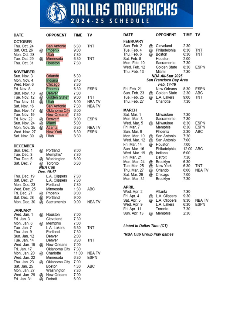 DALLAS MAVERICKS - 2024-25-Schedule-List | PDF | National Basketball ...