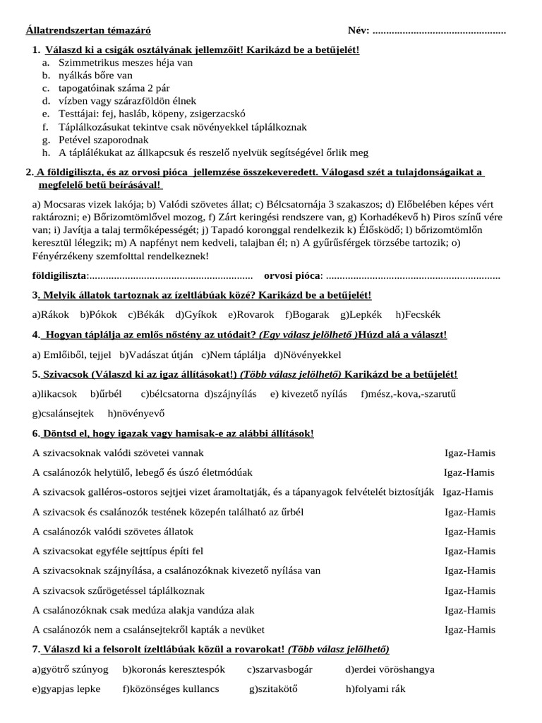 Állatrendszertan Témazáró 7.oszt | PDF