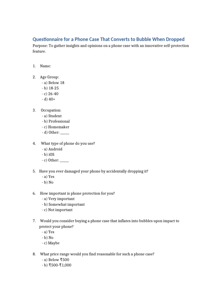 Phone Case Questionnaire | PDF