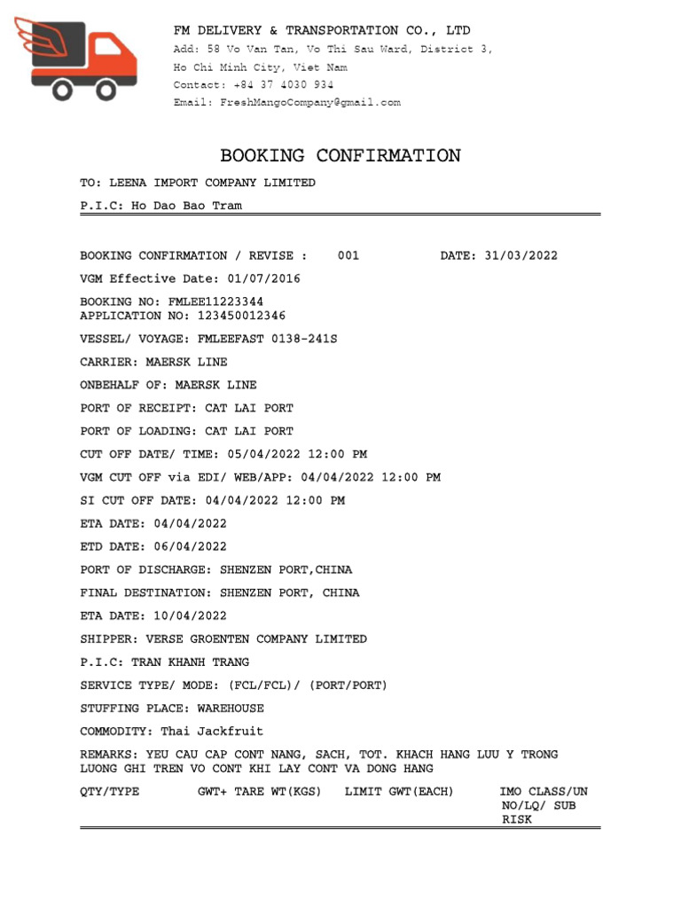 Booking Confirmation - Leena - Fmco. | PDF | Cargo | Water Transport