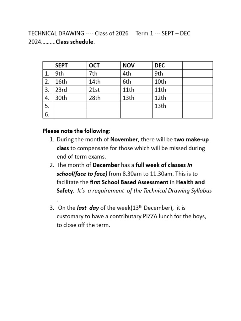 Technical Drawing Class Schedule 2024 | PDF