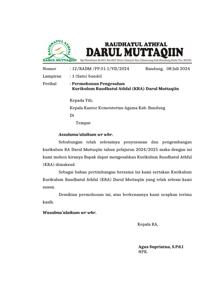 1.3 Surat Permohonan Pengesahan KRA | PDF