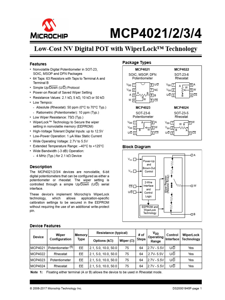 MCP 4021 | PDF | Resistor | Electrical Resistance And Conductance