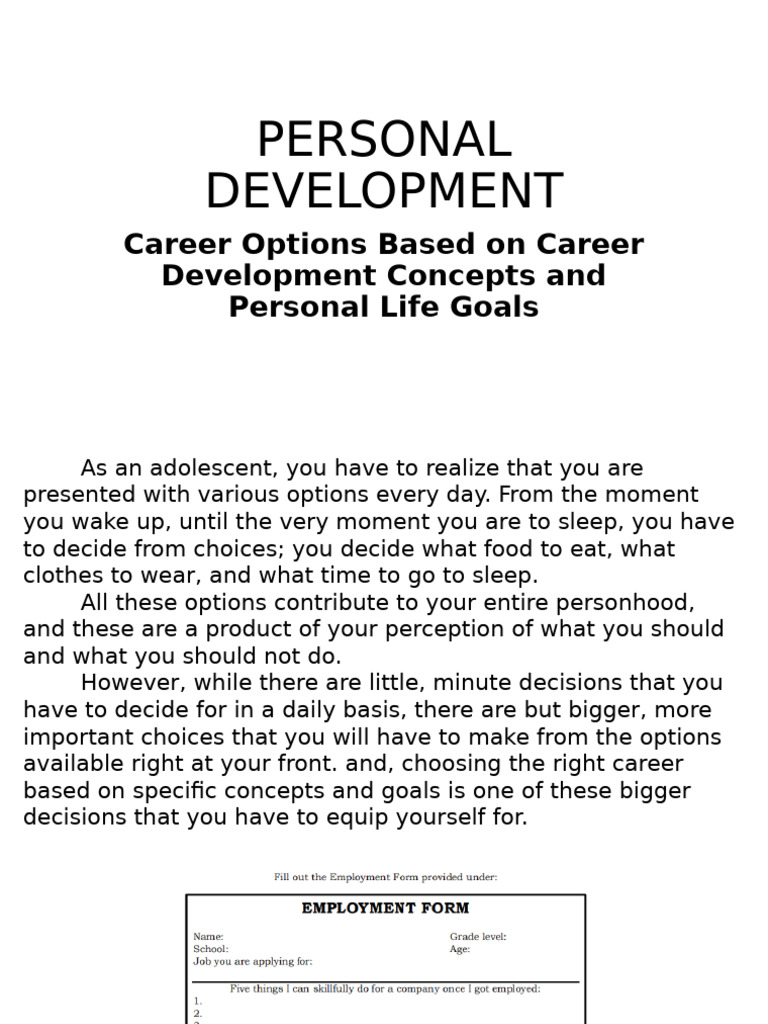 PERSONAL DEVELOPMENT (Career Options Based On Career Development Concepts and Personal Life ...