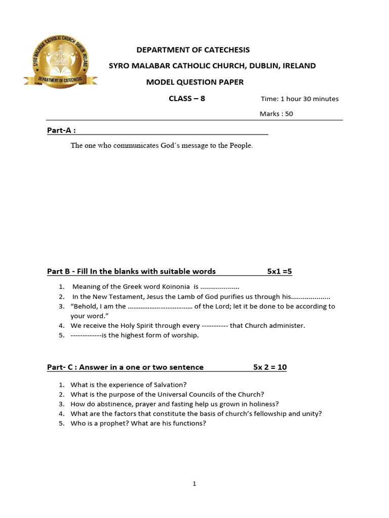 Model Question Paper Class 8 | PDF | Jesus | Last Judgment