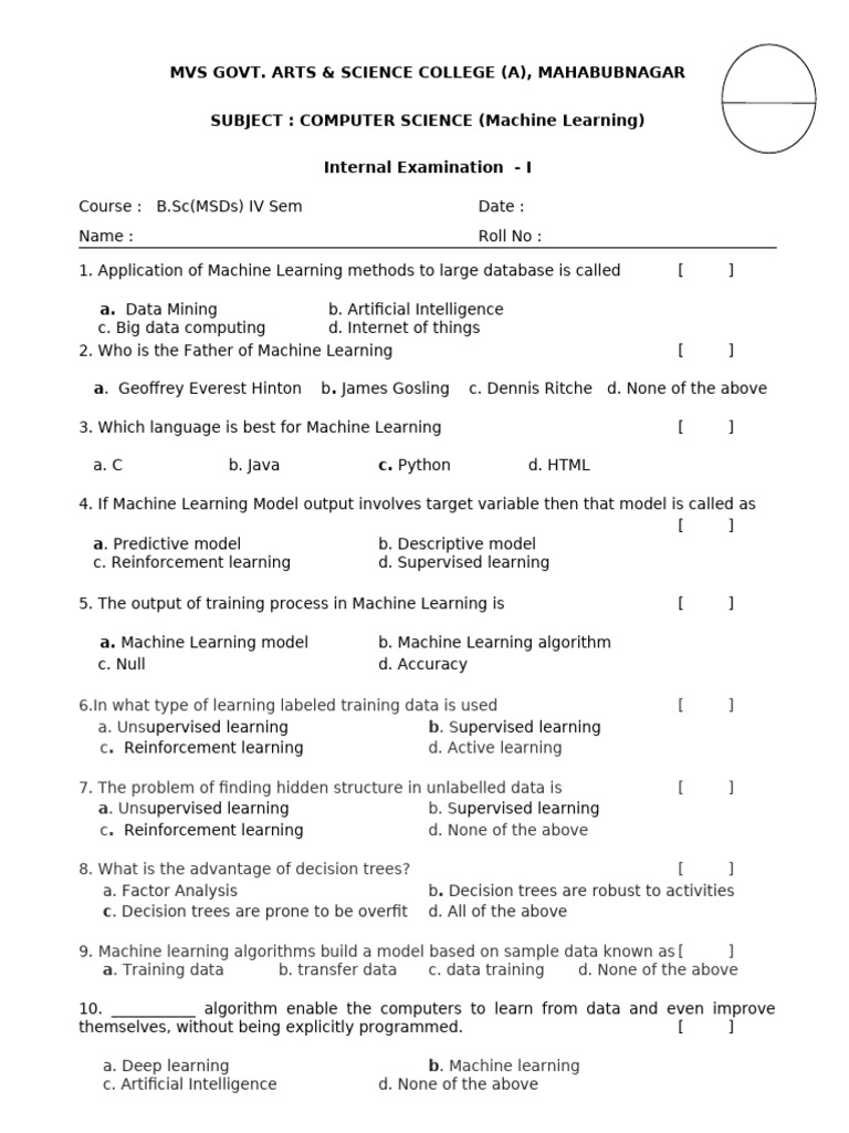 Machine Learning Exam Questions B.Sc IV Sem | PDF | Machine Learning ...