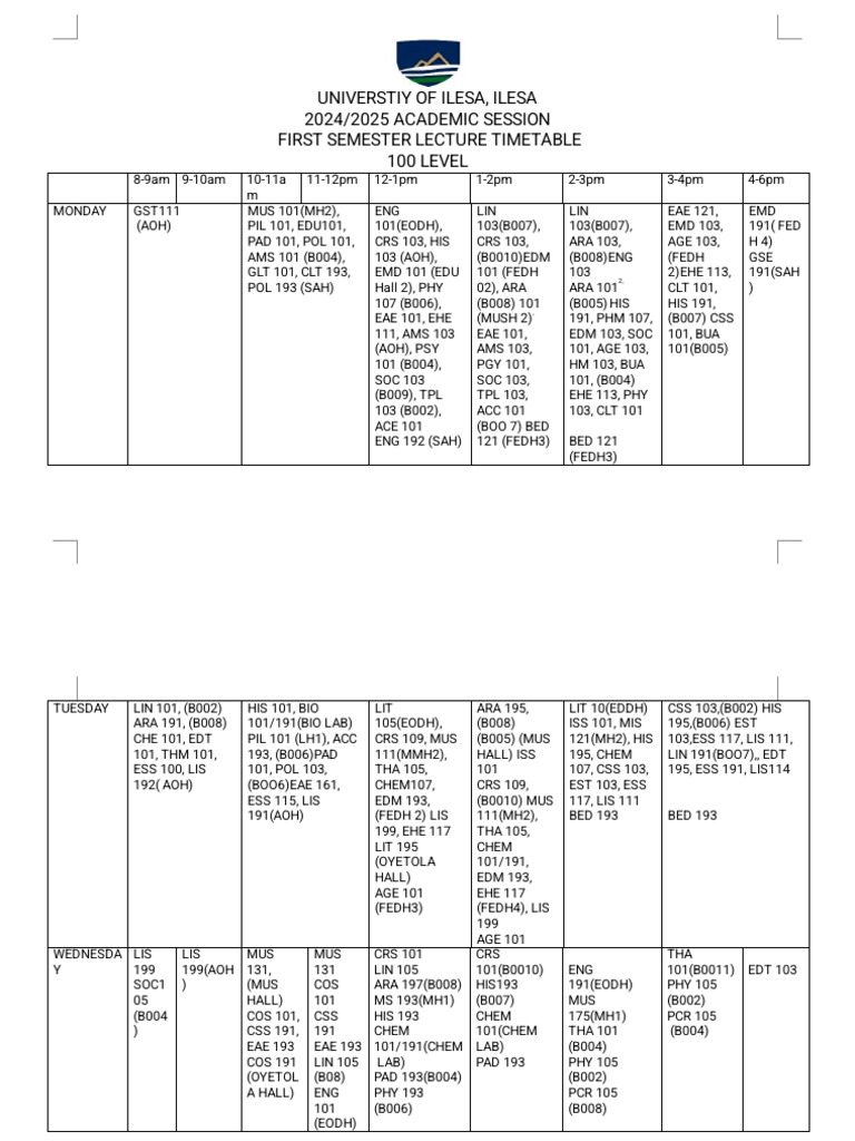 Universtiy of Ilesa 2024 - 2025 Final Lecture Timetable | PDF