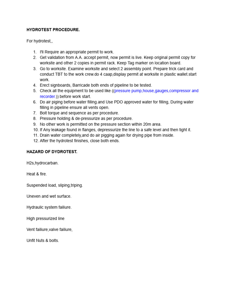 Hydrotest Proceedure-1 | PDF