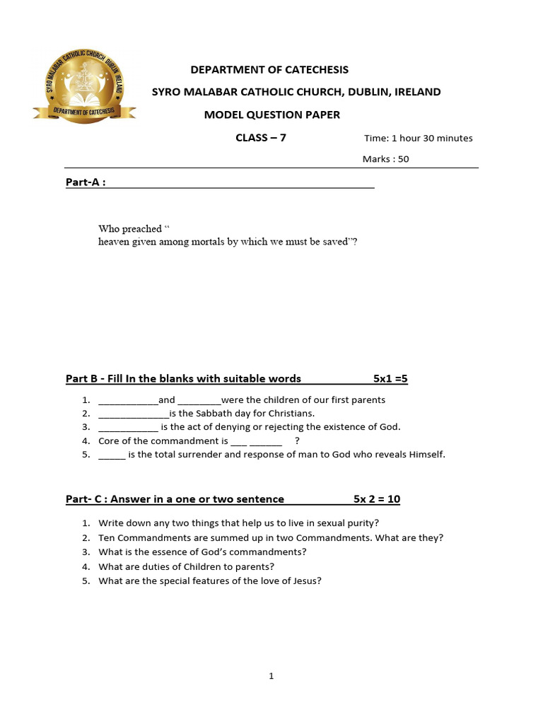Model Question Paper Class 7 | PDF | Ten Commandments | God