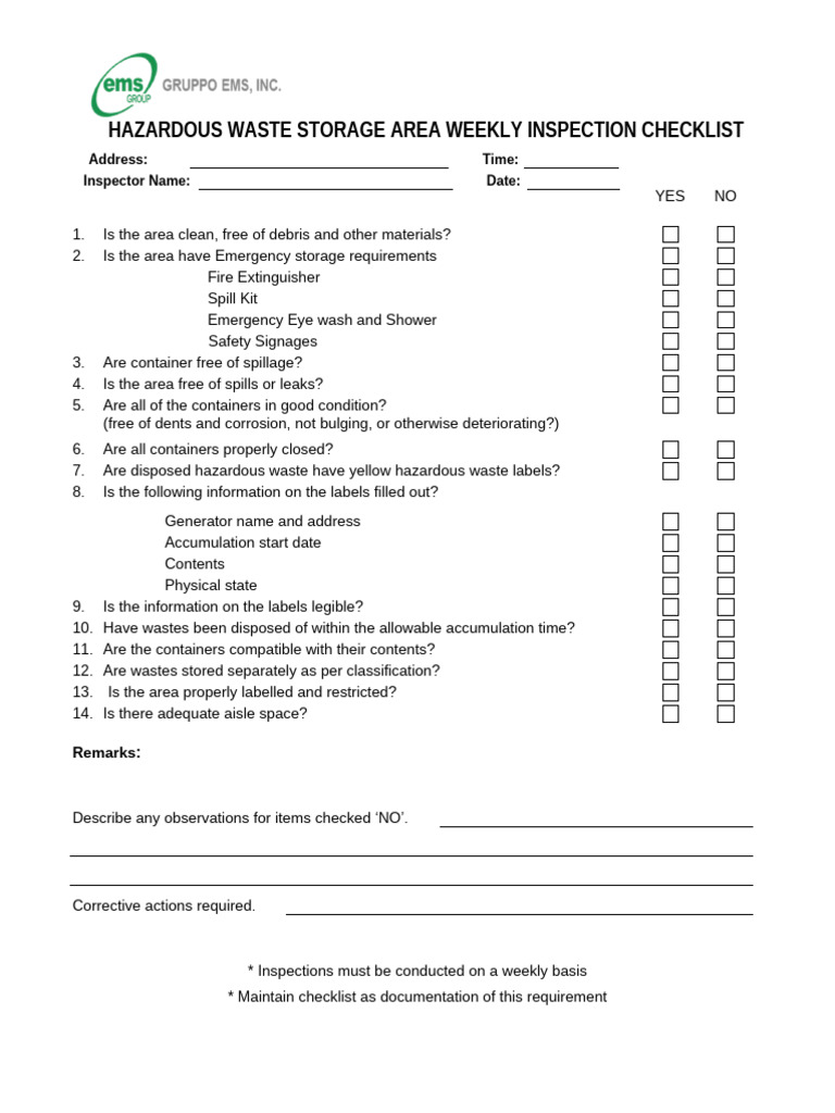 Hazardous Waste Storage Area Weekly Inspection Checklist | PDF